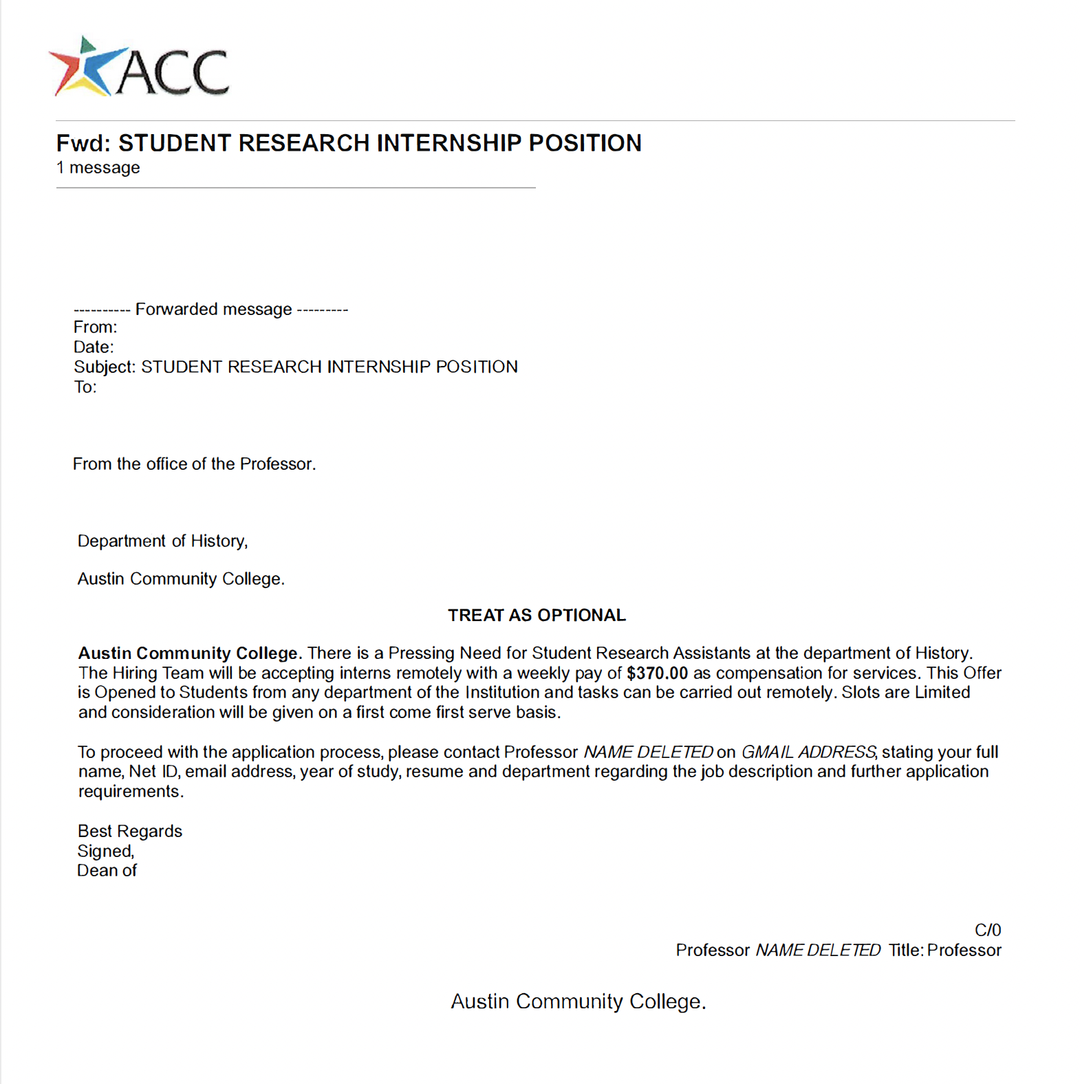 ACC issues Scam Alert: Warning on fraudulent internship offers | ACC ...